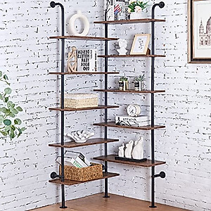 HOMBAZAAR Bookshelf,10-Tier L Shaped, Industrial Double Wide Wall Mount, Modern Bookcase with Metal Frame and Wood, Industrial Corner Pipe Shelf for Living Room and Office, Brown