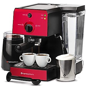 EspressoWorks All-In-One Espresso Machine with Milk Frother 7-Piece Set - Cappuccino Maker Includes Grinder, Frothing Pitcher, Cups, Spoon and Tamper - Coffee Gifts (Red)