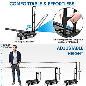 TICONN 330LB Folding Hand Truck Dolly, Portable Heavy Duty Dolly Cart with 7 Tank Wheels, Lightweight Luggage Moving Cart with 2 Brake Wheels for Moving, Shopping, Travel, Office