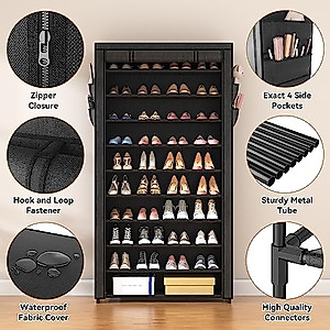 ROJASOP 10 Tier Shoe Rack with Covers,Large Capacity Stackable Tall Shoe Shelf Storage to 50-55 Pairs Shoes and Boots Sturdy Metal Free Standing Shoe Rack Organizer for Closet Entryway Garage Bedroom