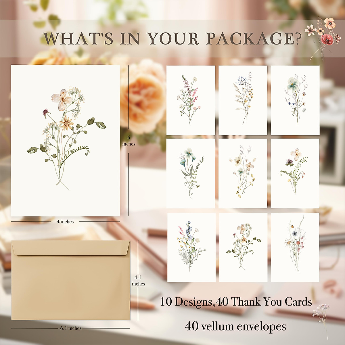 slapaflife Blank Cards,Blank Greeting Cards 4x6,40Pack -Elegant Floral Design Blank Greeting Cards,Note Cards with Matching Peel-and-Seal Rustic Envelopes