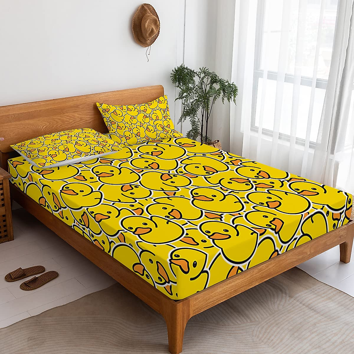 ARIGHTEX Yellow Rubber Duck Fitted Bed Sheet Set Kids Soft Microfiber Breathable Bedding All-Round Elastic Pocket 3 Pieces Fitted Sheet Set for Boys and Girls (Twin)