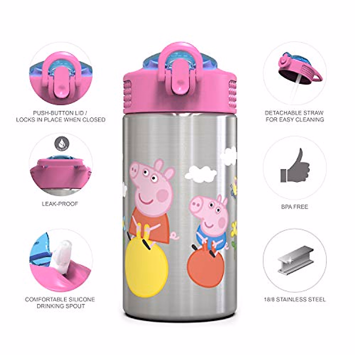 Zak Designs Peppa Pig 15.5oz Stainless Steel Kids Water Bottle with Flip-up Straw Spout - BPA Free Durable Design, Peppa Pig SS, Single Wall