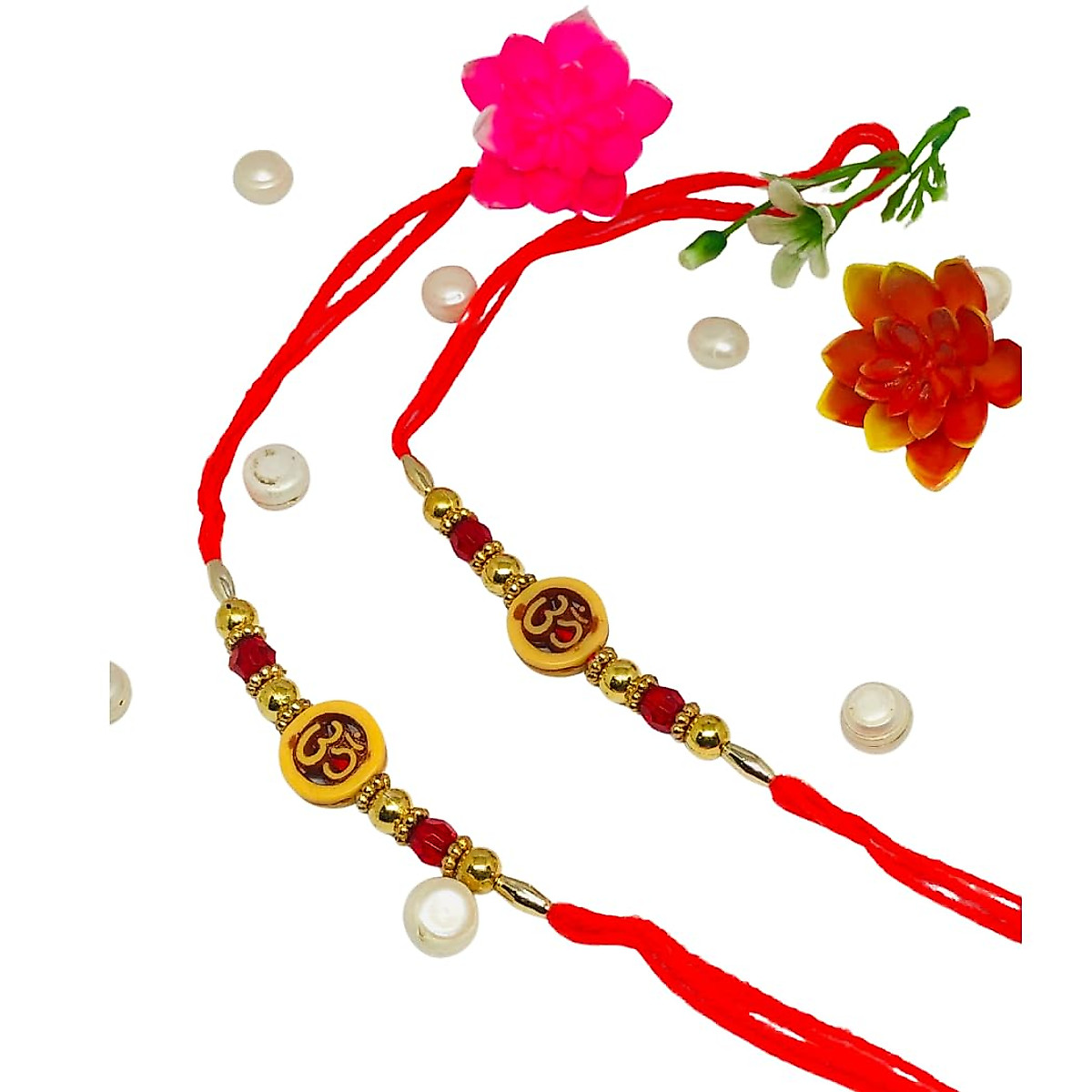 ZYRENA Rakhi for Brother Bhaiya Bhabhi, Gift Rakhi for Family, Raksha Bandhan Festival Rakhi for Bhaiya and Bhabhi, Round Om Pendant with Red-Golden Beads and Rings Rakhi Thread, Pack of 2