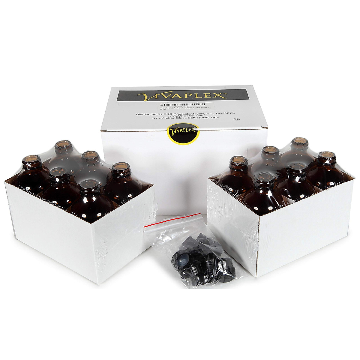 Vivaplex, 12, Amber, 8 oz Glass Bottles, with Lids.