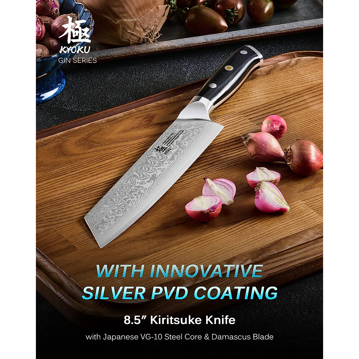 KYOKU Kiritsuke Chef Knife - Gin Series - 8.5" Multipurpose Professional Chef Knife, Japanese VG10 Damascus Stainless Steel Kitchen Knife with Silver Ion Blade G10 Handle Mosaic Pin