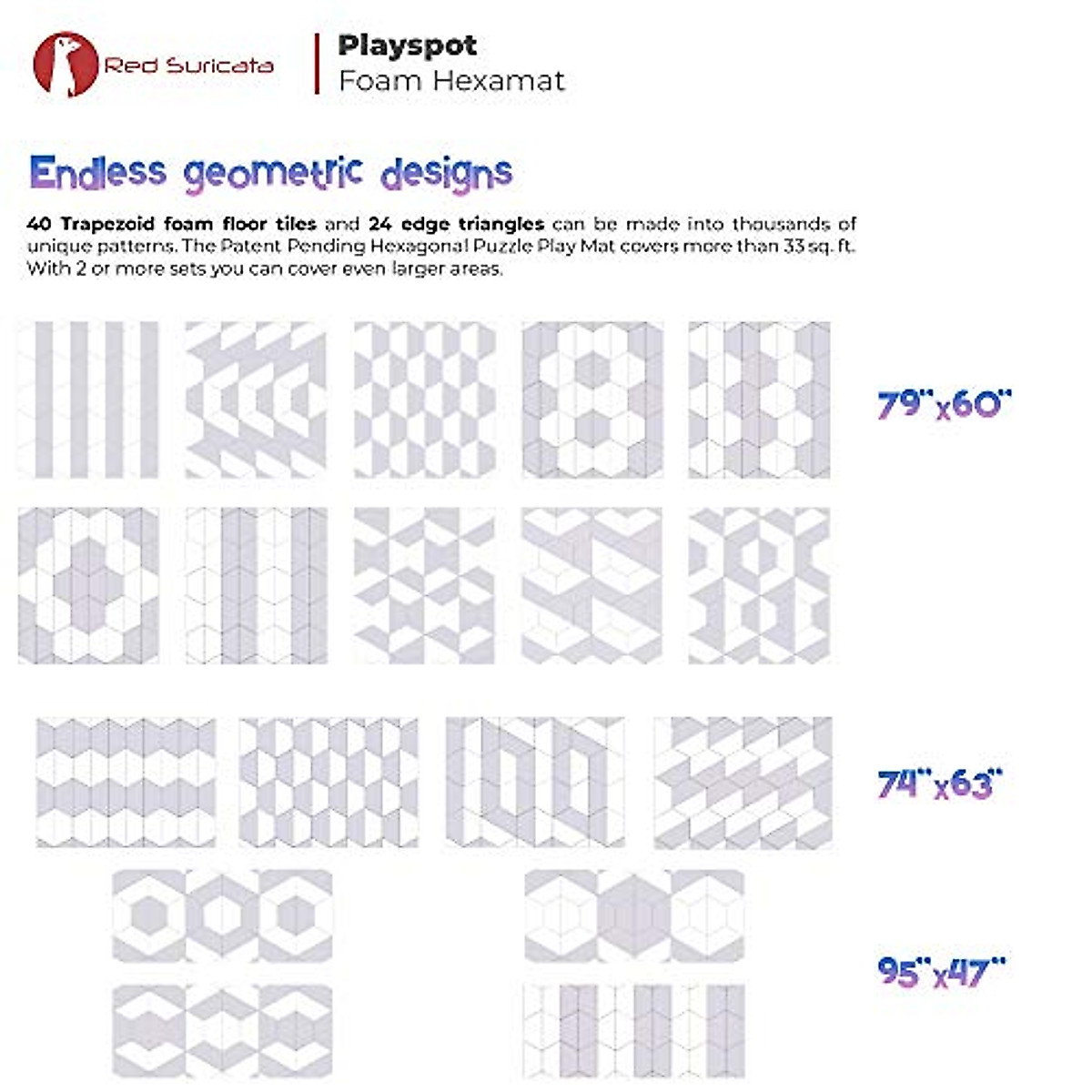 Red Suricata Playspot Foam Hexamat – Geo Interlocking Baby Play Mat - Baby Playmat for Kids, Infants & Toddlers – 79” x 60” or 74” x 63” Rubber Foam Floor Puzzle Mats Tiles (Ghost White/Grey