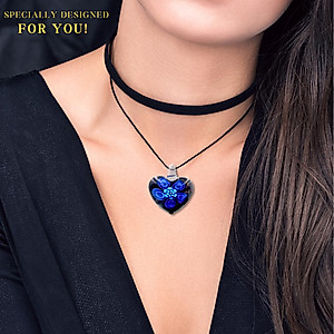 BESHEEK Handmade Murano Inspired Blown Glass Lampwork Art Flower and Heart Necklace Pendant for Women Handcrafted Artisan Hypoallergenic Italian Style Jewelry (Heart Flower Royal and Aqua Blue Glass)