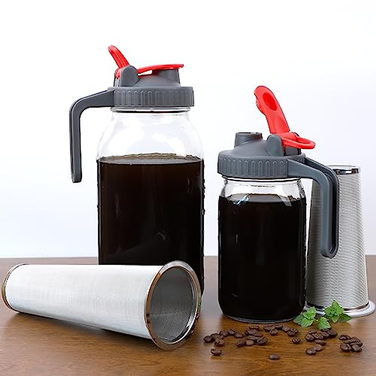 GMSWEET Cold Brew Coffee Maker Mason Jar 32 OZ Wide Mouth Cold Brew Pitcher With Pour Spout Handle Lid And Brew Filter For Iced Coffee, Iced Tea, Lemonade And Beverages