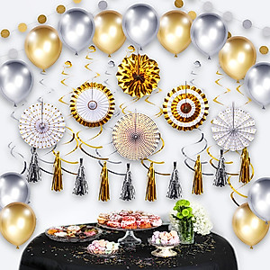 Party Decorations - Hanging Paper Fans, Balloons, Tassel Garland, Circle Paper Garland, Hanging Swirl 54 PCS (Gold and Silver).