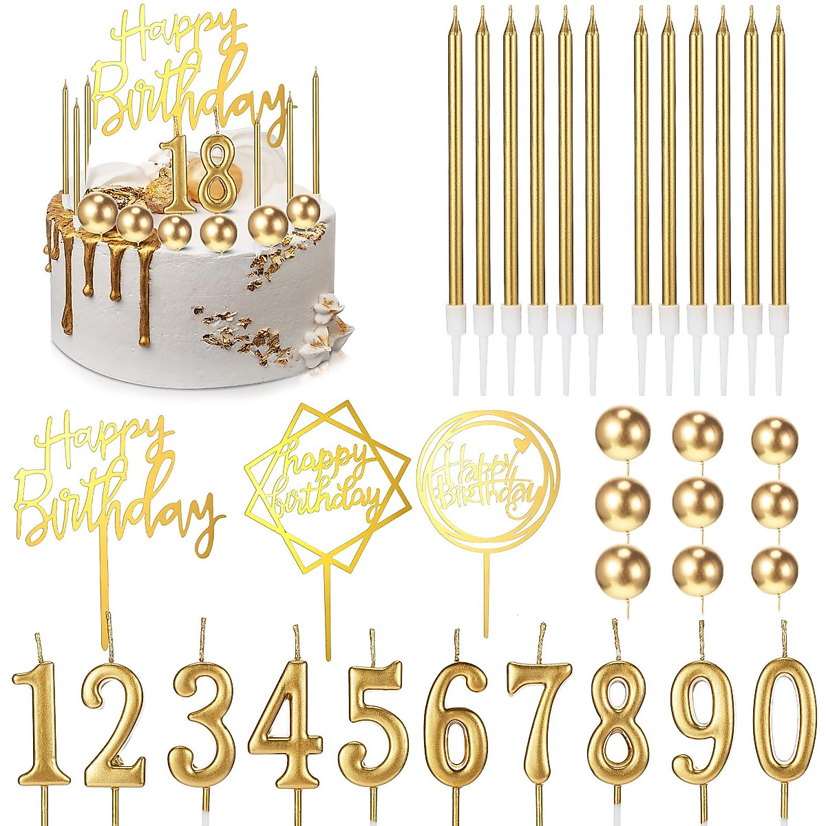 Yerliker 34 Pcs Happy Birthday Cake Toppers Decorations Birthday Candles for Men Women with 12 Long Thin Candles 10 Number Candles 9 Ball Cake Topper 3 Birthday Cake Topper(Gold)