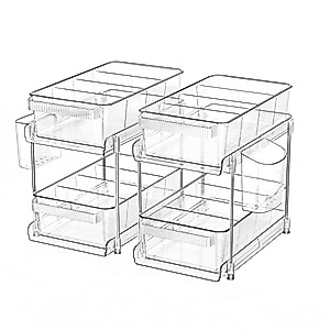 2 Tier Clear Organizer with Dividers, Multi-Purpose Pull Out Storage Container with Hanging Cups, Clear Under Sink Organizers, Bathroom Kitchen Pantry Storage, Medicine Cabinet Organizer(2 SET)