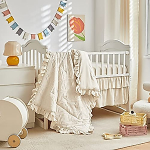 Tufted Ruffle Crib Bedding Set 3 Pieces Baby Boho Quilted Comforter with Fitted Sheet and Bed Skirt - Cute Ruffled Shabby Chic Baby Bedding Soft Blanket Design Cream White