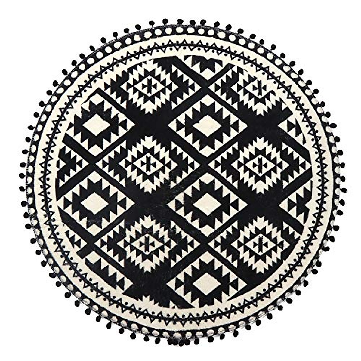 HAOCOO Round Area Rugs with Pom Pom Ball Fringe Boho Geometric Throw Rugs Non-Slip Soft Velvet Black and Beige Floor Carpet for Bedroom Living Room Nursery Decor(4ft)