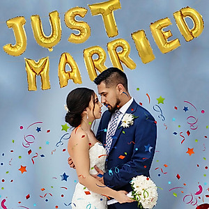 AnnoDeel 16inch JUST MARRIED Letter Banner Foil Balloons, Gold Alphabet Mylar Balloons for Wedding Bachelorette Weddings Bridal Shower Party