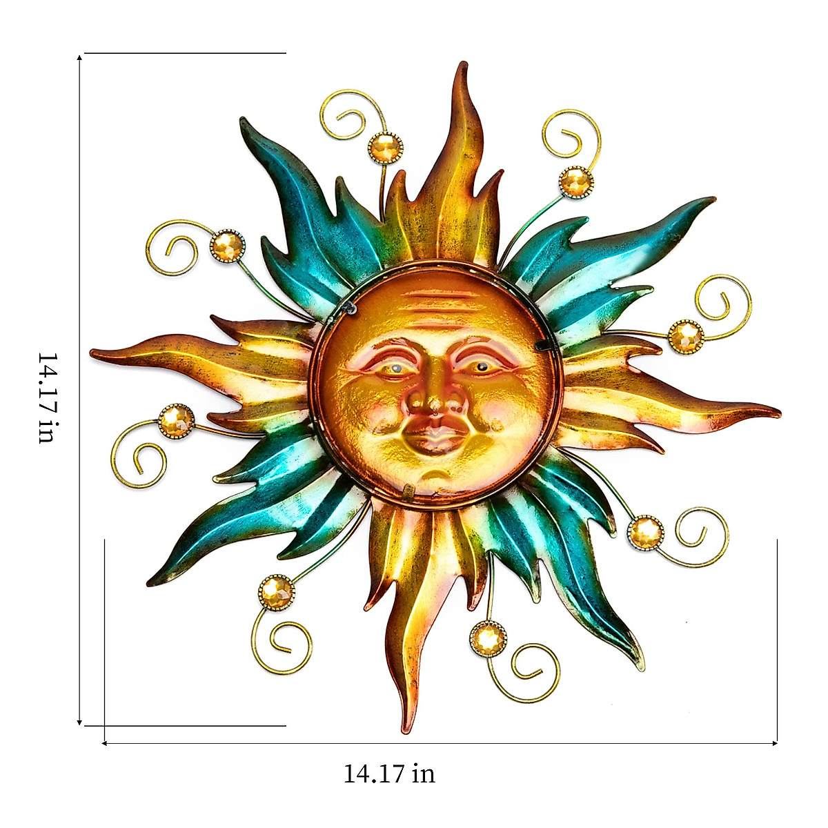 14 Inch Metal Sun Wall Art Decor Hanging Wall Decor,Sunface Wall Sculpture Glass Hanging Ornament,Home Decor Artistic Sun Face Metal Wall Sculpture for Home/Garden/Yard/Farmhouse