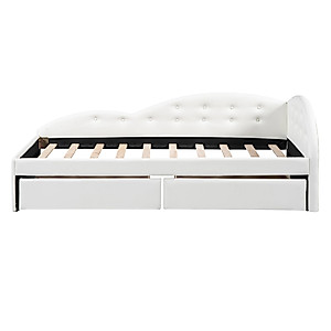 Hlcodca Twin Size Upholstered Daybed with Two Drawers and Cloud Shaped Guardrail, Pu Upholstered Tufted Platform Bed Frame with Wooden Slat Support for Bedroom Living Room (White-007)