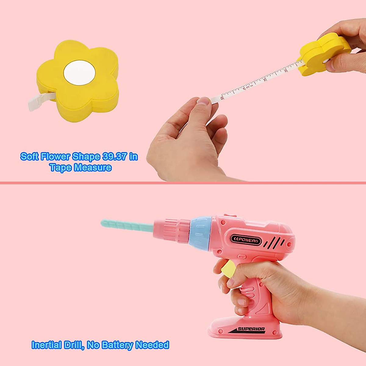 Magic4u Toy Tool Set Girl Pretend Play Construction Tool Accessories Tool Toys with Hat Tool Box Tape Measure Toy Electric Drill Hammer