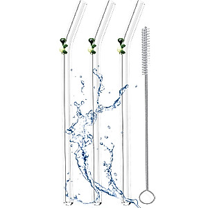 3pcs Reusable Glass Straws Green Turtle on Clear Bent Straw 8 in x 9 mm With Cleaning Brush, Perfect for Smoothies, Cocktails