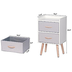 LUCKNOCK NightStand with 2 Fabric Drawers, Bedside Table with Solid Wood Legs, Minimalist and Practical End Side Table for Bedroom, White.