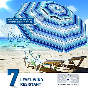 Beach Umbrella for Sand Wind Portable: 7FT Arc Length 6.5FT Diameter Heavy Duty Wind Resistant Striped Large Umbrellas UV 50+ Parasol with Anchor Screw Adjustable Height Tilting Pole 8 Ribs Carry Bag Lightweight