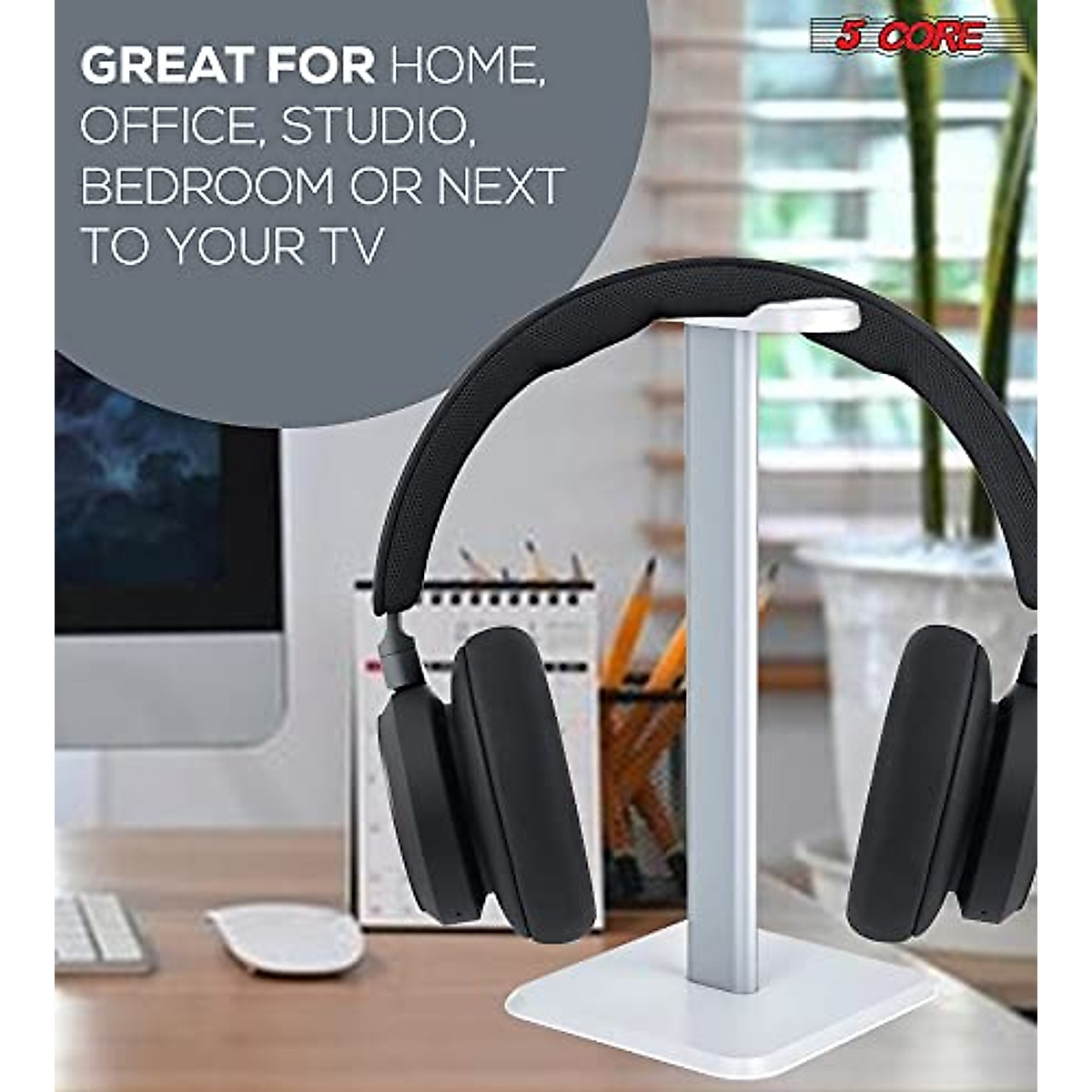 5 CORE Headphone Stand Headset Holder with Aluminum Supporting Bar Flexible ABS Solid Base for All Headphones Size HD STND (White)