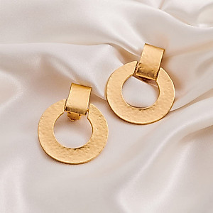 CLASSYZINT Matte Gold Clip On Earrings For Women Handmade Hammered Alloy Statement Earrings Gold Dangle Earrings Jewelry…