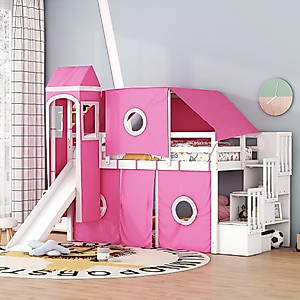 Harper & Bright Designs House Twin Loft Bed with Slide,Storage Stairs and Tent, Wood Kids Loft Bunk Bed with Tower and Ladders, Playhouse Twin Bed Frame for Kids, Teens, Boys & Girls (Twin, Pink)