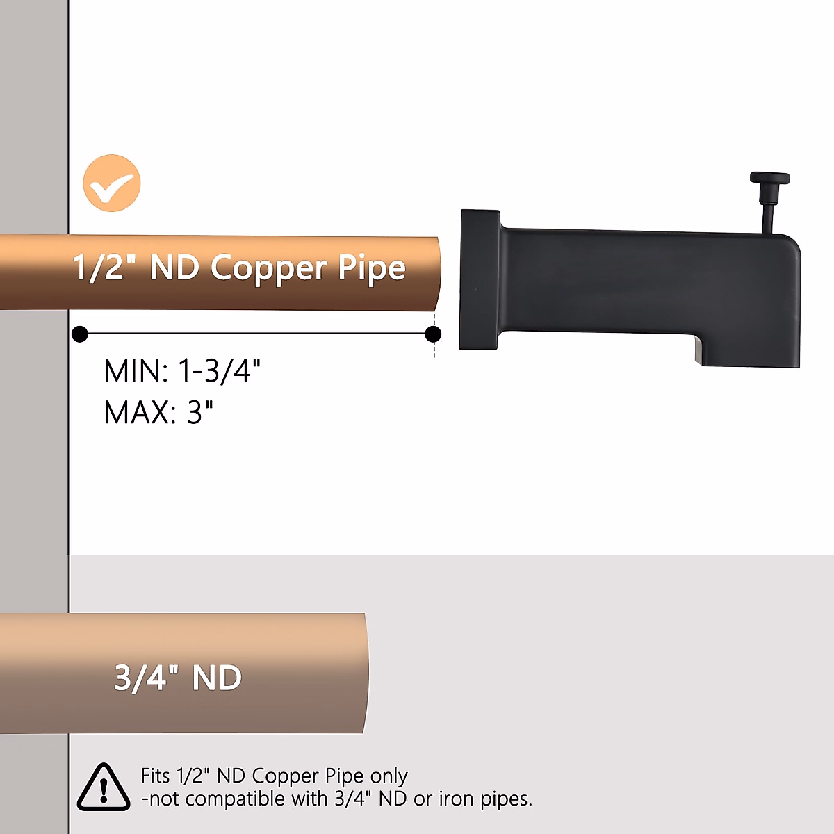 YASINU Slip On Diverter Tub Spout, Sleek Square Design for Bathroom, Fits 1/2" Copper Pipe (5/8" OD), Child-Safe Rounded Edges, Easy Installation, Matte Black