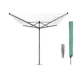 Brabantia Lift-O-Matic Outdoor 4 Arm Clothesline (164 ft/Ø 1.8") Height Adjustable, Folding Clothes Drying Rack + Ground Spike & Cover (Gray)
