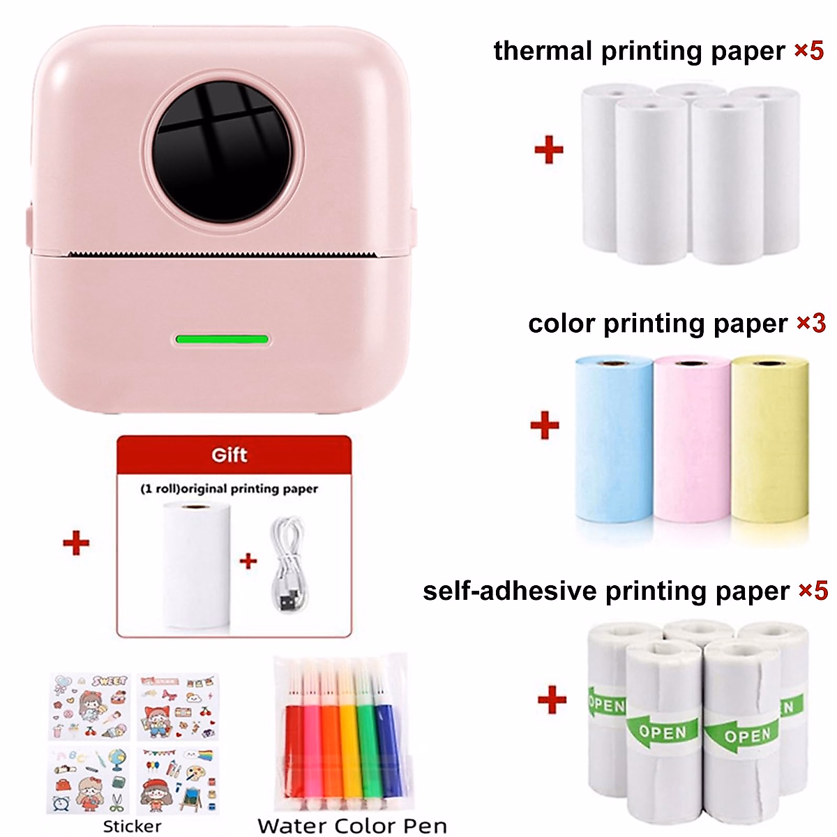 Crmanedy Portable Inkless Sticker Maker，Bluetooth Sticker Maker with 8 Rolls Paper，Compatible with iOS&Android，for DIY Making, Study Notes, memos, Lists, Work Plans, Graduation Gifts (Pink)
