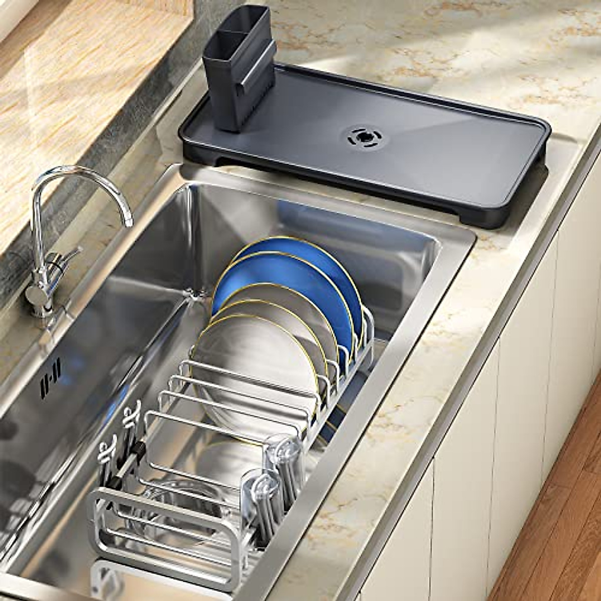 Small Dish Drying Rack, Aluminum Dish Rack with Utensil Holder, Anti-rust Dish Racks for Kitchen Counter Multifunctional Dish Drainer with Drainboard, Drying Rack for Dishes, Knives, Spoons, and Forks