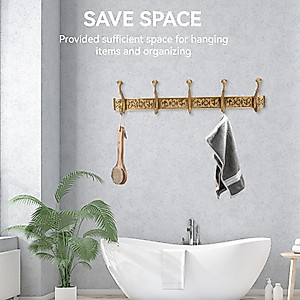 Coat Rack Wall Mounted, Aluminum Wall Hooks for Hanging with 5 Hooks Vintage Gold Wall Mount Coat Rack Key Holder for Wall Hallway