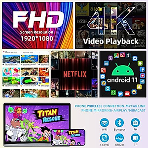 13.3" Upgrade Android 11 Car Headrest Video Players with 2.4G/5G Dual Brand WiFi, Dual Rear Seat TV Monitors Can Sync Screens, IPS Touch Screen 4K Tablets, HDMI Out/in Bluetooth FM USB-2G+32G