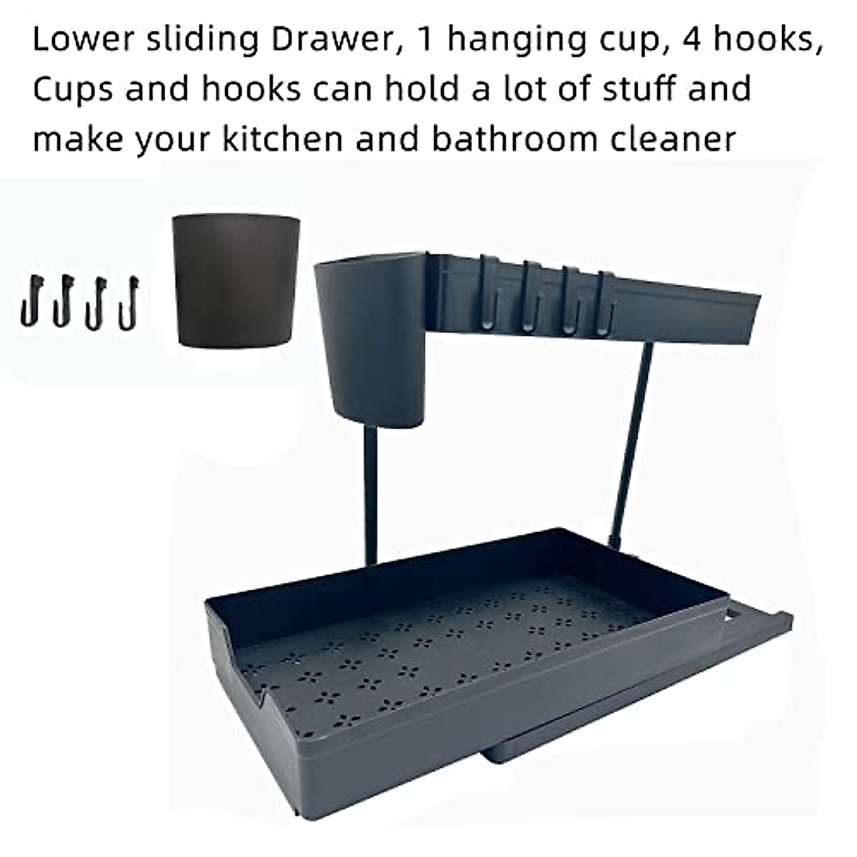 Under Sink Organizer L-Shaped, Bathroom Organizer, 2 Tier Rack Pull Out Kitchen Sliding Storage, Multi-purpose Sink Organizer Storage, with 1 Cup 4 Hooks for Home Kitchen Drawer, Black
