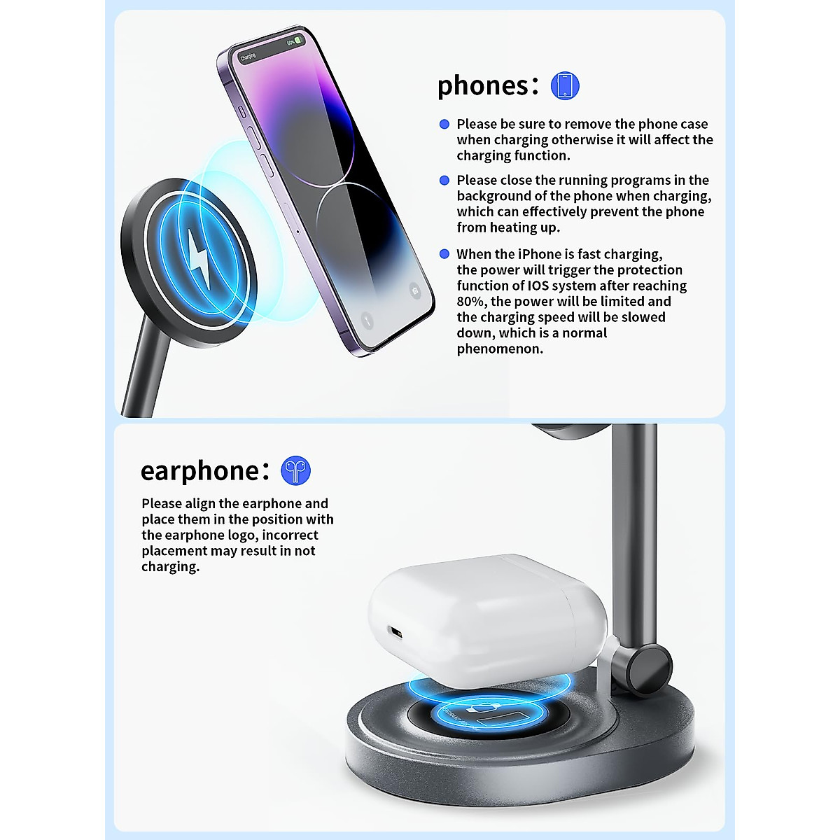 2 in 1 Foldable Magnetic Wireless Charger, 15W Fast Charging Mag-Safe Charger Stand for iPhone 15/14/13/12 Series, Portable Wireless Charging Station for AirPods 3/Pro/2 (with QC3.0 Adapter)