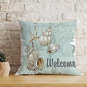 WoGuangis Welcome to Our Beach House Starfish Throw Pillow Cushion with Zippe Beach Home Throw Pillow Starfish Sea Life Home Decorative Throw Pillowcase for Sofa Living Room White Linen 24x24in