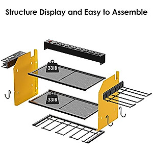 CCCEI Modular Power Tool Organizer Wall Mount Charging Station, Yellow 6 Drills Holder with 8 Plug Power Strip, Garage Drill Battery Heavy Duty Metal Shelf, Utility Rack with Hooks, Side Storage.