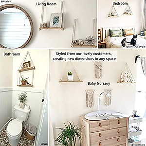 Hanging Shelves for Wall [Set of 2 w/ Hooks] Wooden Shelf Macrame Rope, Natural Light Reclaimed Wood, Boho Decor Triangle Floating Farmhouse Rustic Modern Plant Aesthetic, Dorm Living Room Bedroom