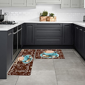 Coffee Kitchen Rugs Set 2 Piece 18x30in+18x47.2in, Non-Slip Kitchen Mats Set Rubber Backing Indoor Entry Door Mat Carpets - Vintage Blue Coffee Cup Beans Sugar Lump Brown