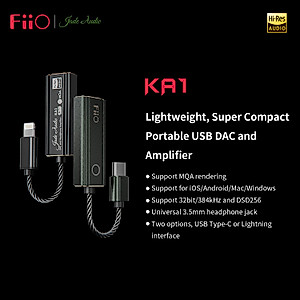 FiiO JadeAudio KA1 Headphone Amps Amplifier Tiny USB DAC High Resolution 3.5mm Lossless for Smartphones/PC/Laptops/Players(Type C, Black)