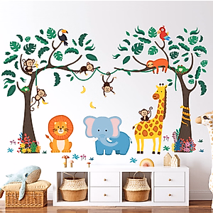 DECOWALL SG-2112 Jungle Animal Tree Wall Decals Elephant Monkey Giraffe Lion Forest Wall Stickers for Kids Baby Nursery Bedroom Playroom Living Room Decor DIY Art