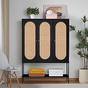 Large Armoire Wardrobe Closet with 3 Doors, Rattan Wardrobe Cabinet with Shelves and Hanging Rail for Clothes, Freestanding Wooden Black Closet for Bedroom, Black (47.24" W x 18.89" D x 62.99" H)