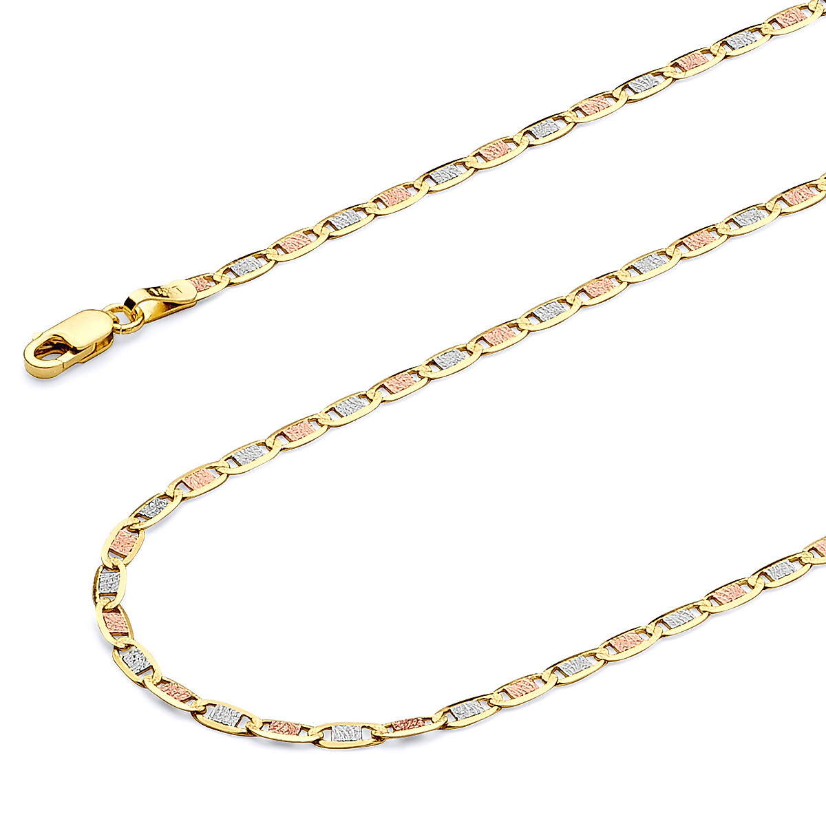 14k REAL Tri Color Gold Solid 2mm Diamond Cut Chain Necklace with Lobster Claw Clasp Clasp - 20"