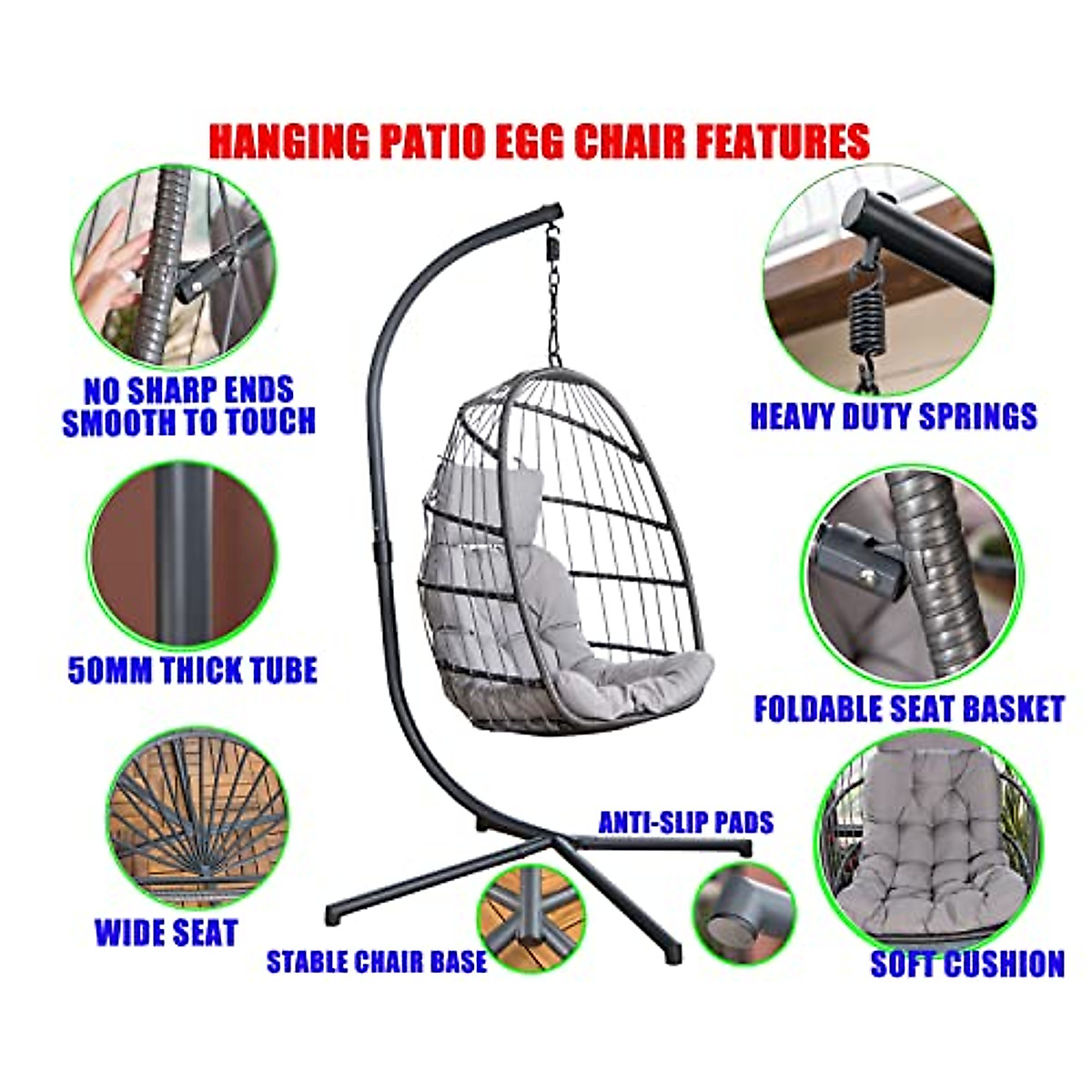 MOJIA Egg Chair with Stand and Oxford Cover, 450lbs Capacity Patio Wicker Hanging Swing Chair Indoor Outdoor with UV Resistant Cushion and Foldable Seat Basket