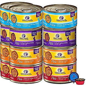 Wellness Natural Premium Canned Cat Wet Food Pate - 12 Pack Cans Variety Bundle Pack 4 Flavor - (Chicken,Beef, Salmon & Turkey) W/ HS Pet Food Bowl - (3 Ounce)