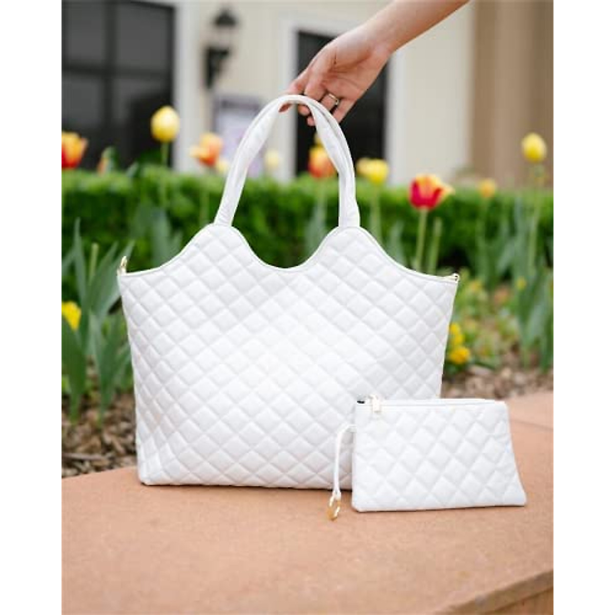 Barabum Lightweight Quilted Tote Purse Women Handbags Wallet Bag Shoulder Bag Top Handle Satchel Purse Set(White)