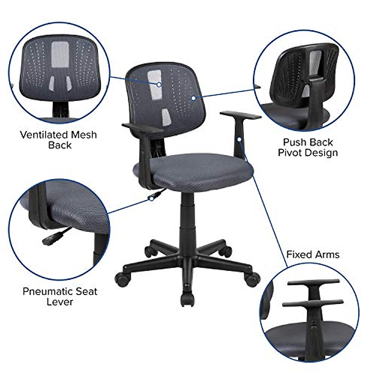 Flash Furniture Flash Fundamentals Mid-Back Gray Mesh Swivel Task Office Chair with Pivot Back and Arms
