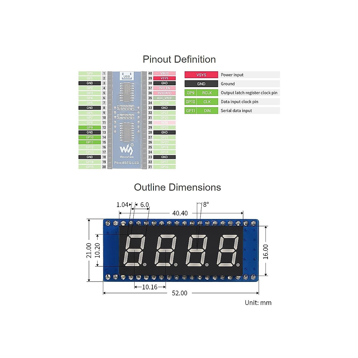waveshare 4-Digit 8-Segment Display Module for Raspberry Pi Pico Embedded 74HC595 Driver SPI-Compatible Comes with Raspberry Pi Pico C/C++ and MicroPython Demo