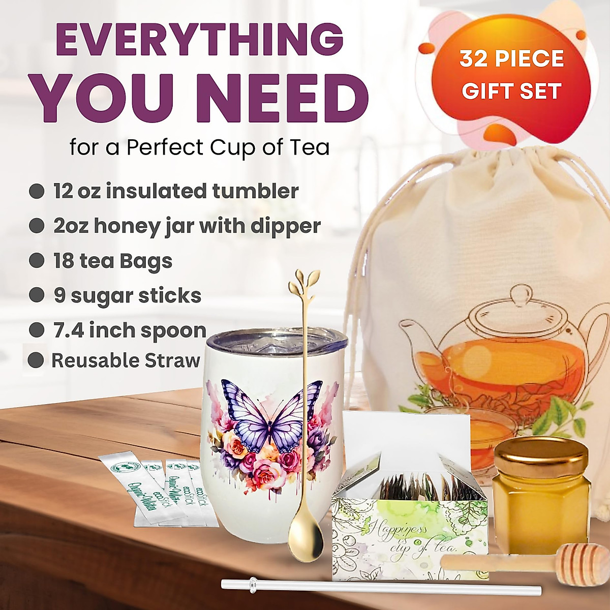 Tea and Honey Gift Set: Tea Gift Basket with 18 Tea Bags, Sugar, and Honey Jar, Tea Gift Set with Tumbler, Variety Tea Sampler for Women and Men Tea Lovers, Get Well Soon, Sympathy & Self Care Package (Butterfly)
